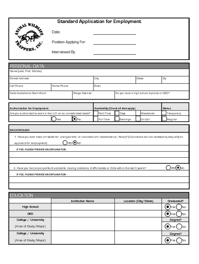 Fillable Online Animal Wildlife Trappers Employment Application. Animal ...
