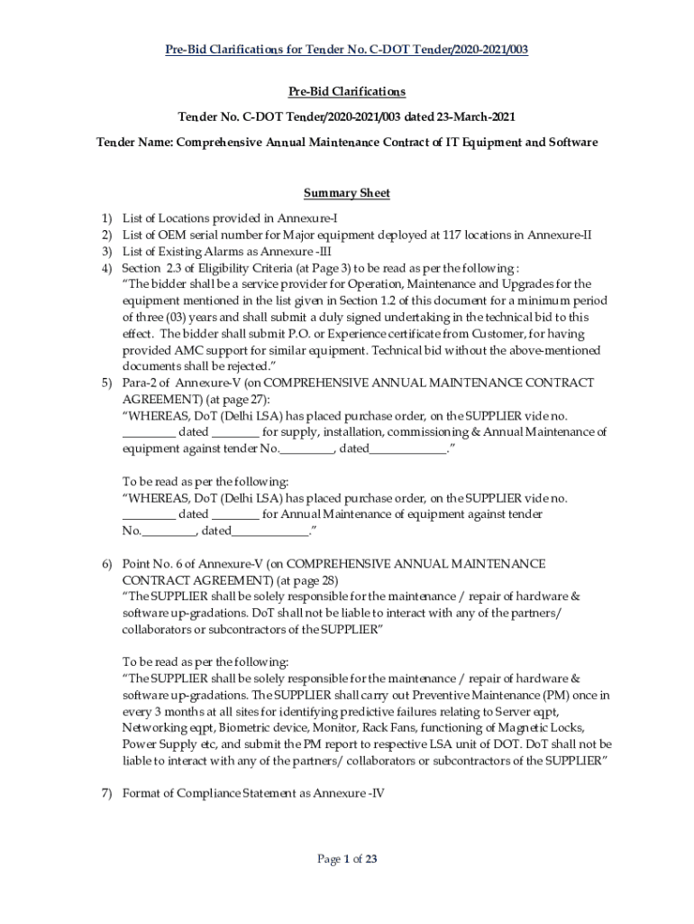 Fillable Online Pre-Bid Clarifications for Tender No. C-DOT ... Fax ...