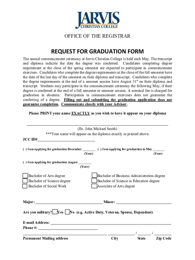 Fillable Online office of the registrar - request for graduation form ...