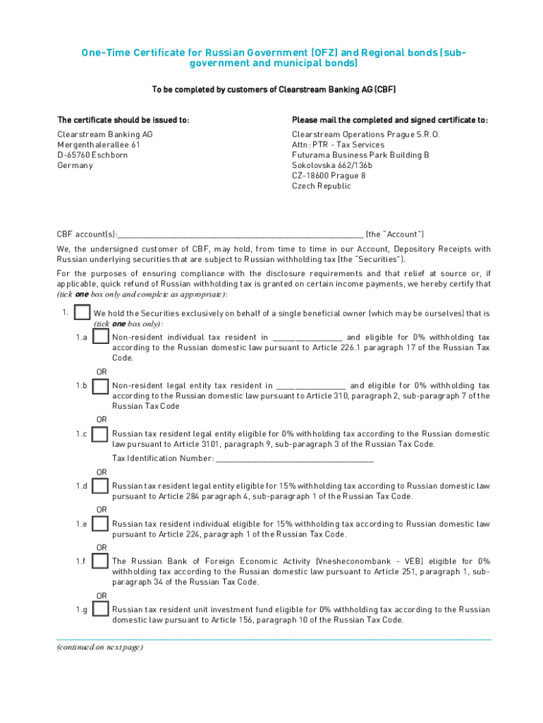 Fillable Online Updated One-Time Certificate for Russian DRs for relief ...