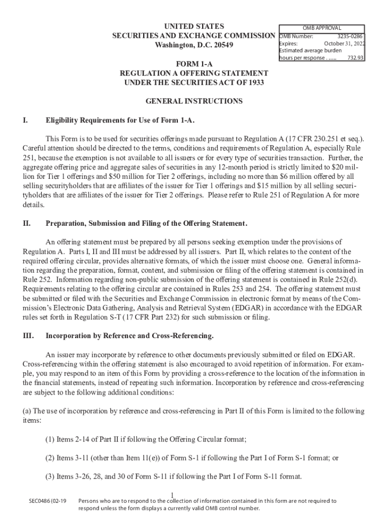 Fillable Online FORM 1-A Regulation A Offering Statement Fax Email ...