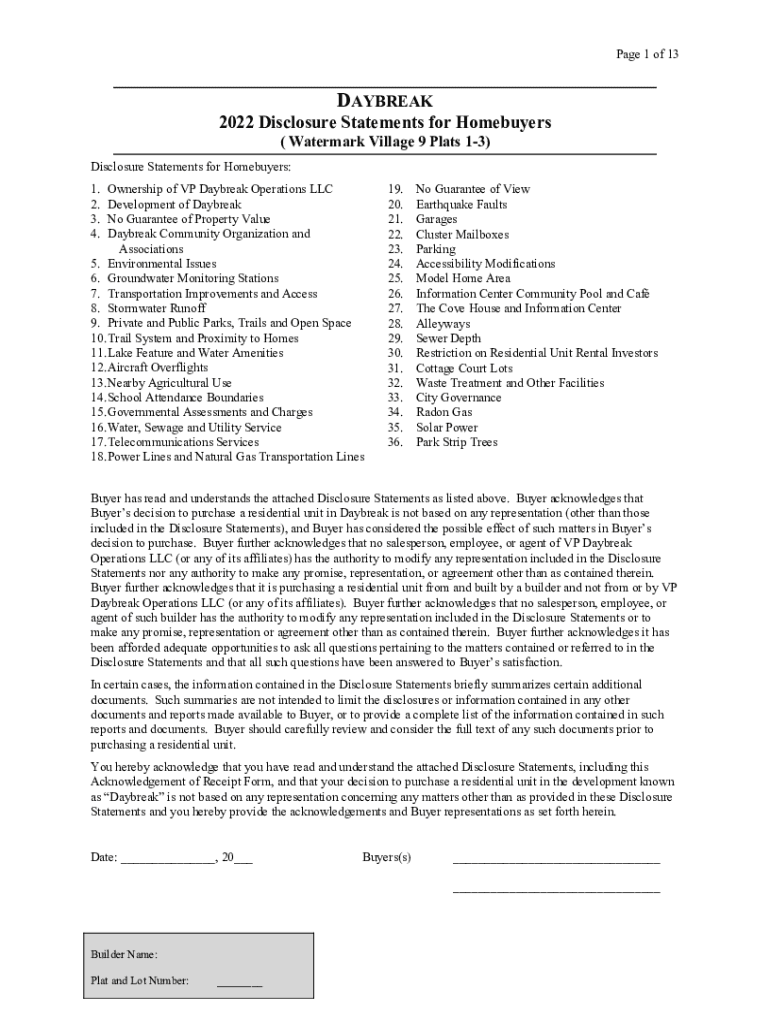 Fillable Online 2022 Disclosure Statements for Homebuyers Fax Email ...