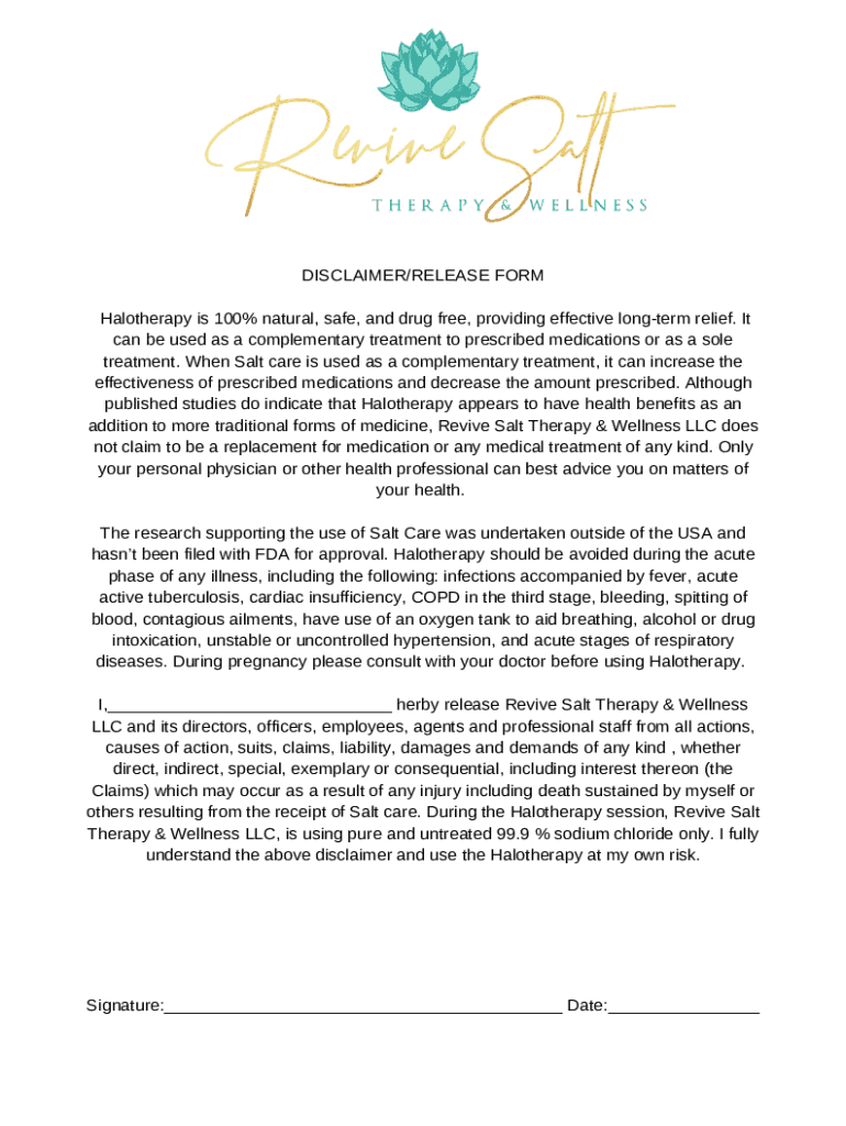Fillable Online DISCLAIMER/RELEASE FORM Halotherapy is 100% natural ...