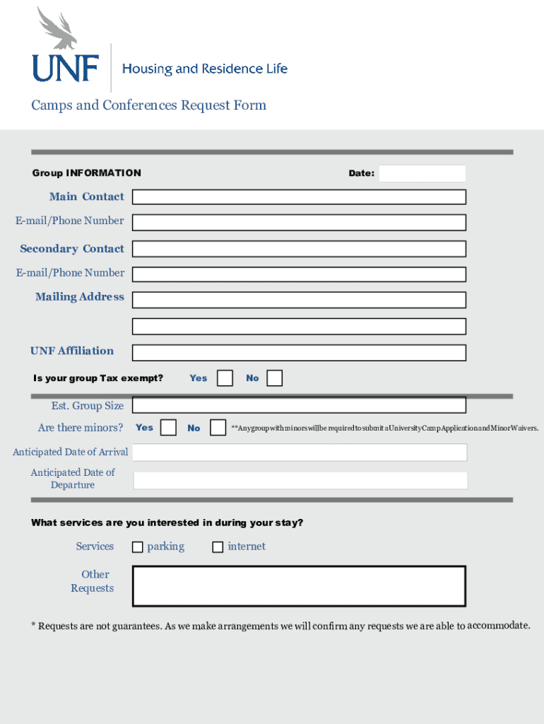 Fillable Online UNF Housing and Residence Life Camps and Conferences Request Form Fax Email ...