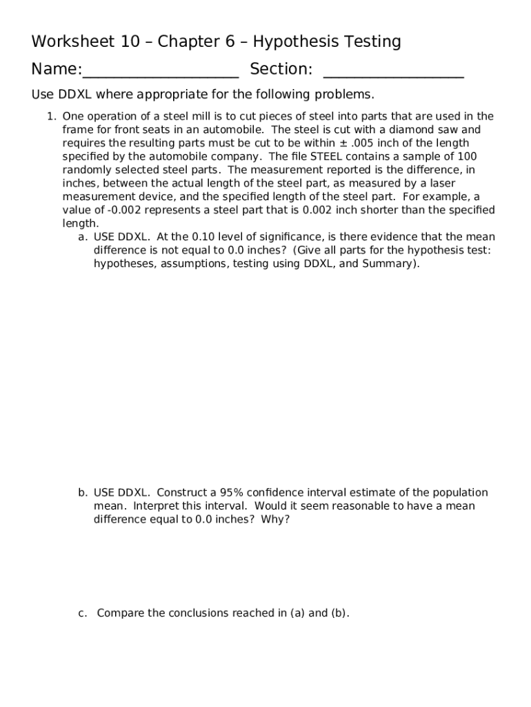 BUS310 Prob Set 5, Prob 2 Hypothesis Testing One Sample Doc Template ...