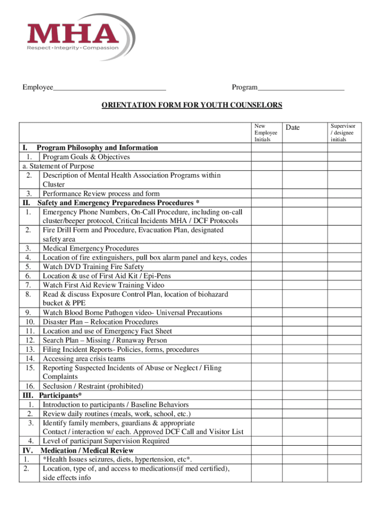 Fillable Online STANDARDIZED ORIENTATION FORM - MHA Inc. Fax Email ...