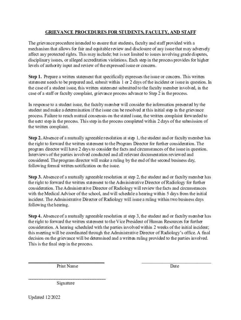 Fillable Online grievance procedures for students, faculty, and staff Fax Email Print - pdfFiller