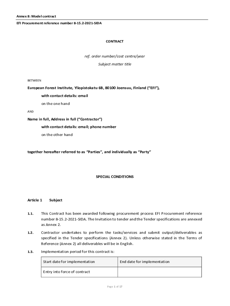Fillable Online Annex 8: Model contract EFI Procurement reference ...