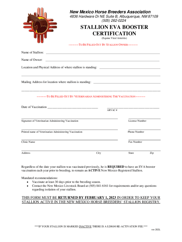 Fillable Online Equine Viral Arteritis (EVA) Certificate of Vaccination ...