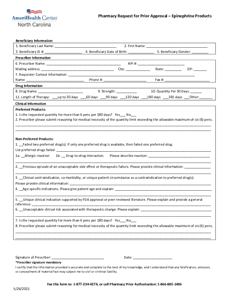 Fillable Online Epinephrine Products Form - AmeriHealth Caritas North ...