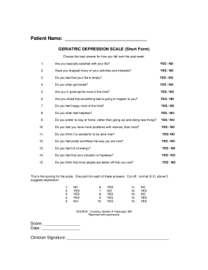 Fillable Online GERIATRIC DEPRESSION SCALE (Short Form) Fax Email Print - pdfFiller