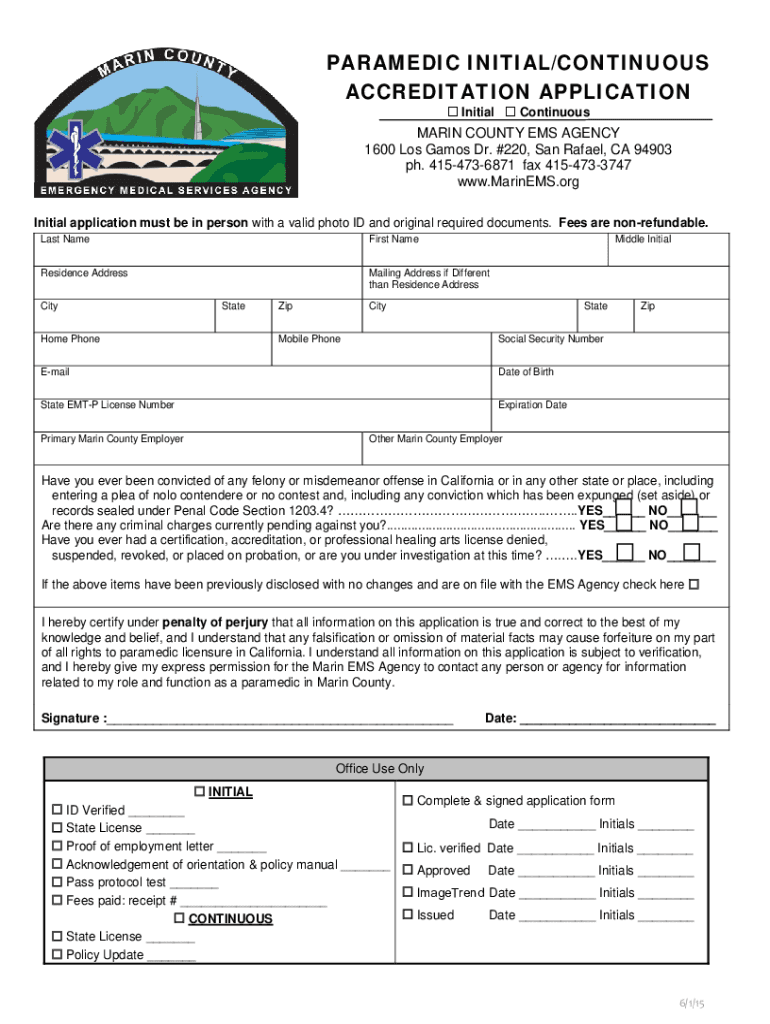 Fillable Online ems marinhhs paramedic initial/continuous accreditation ...