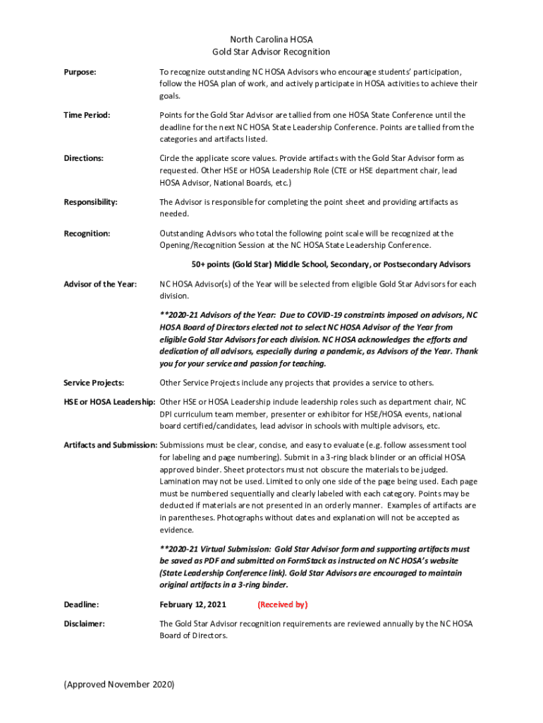 Fillable Online 2022-2023 BOD Approved Gold Star Advisor - Middle ...