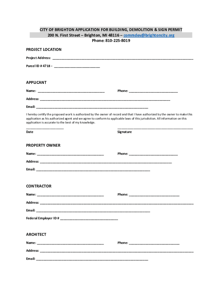 Fillable Online CITY OF BRIGHTON APPLICATION FOR BUILDING, DEMOLITION & SIGN PERMIT Fax Email ...