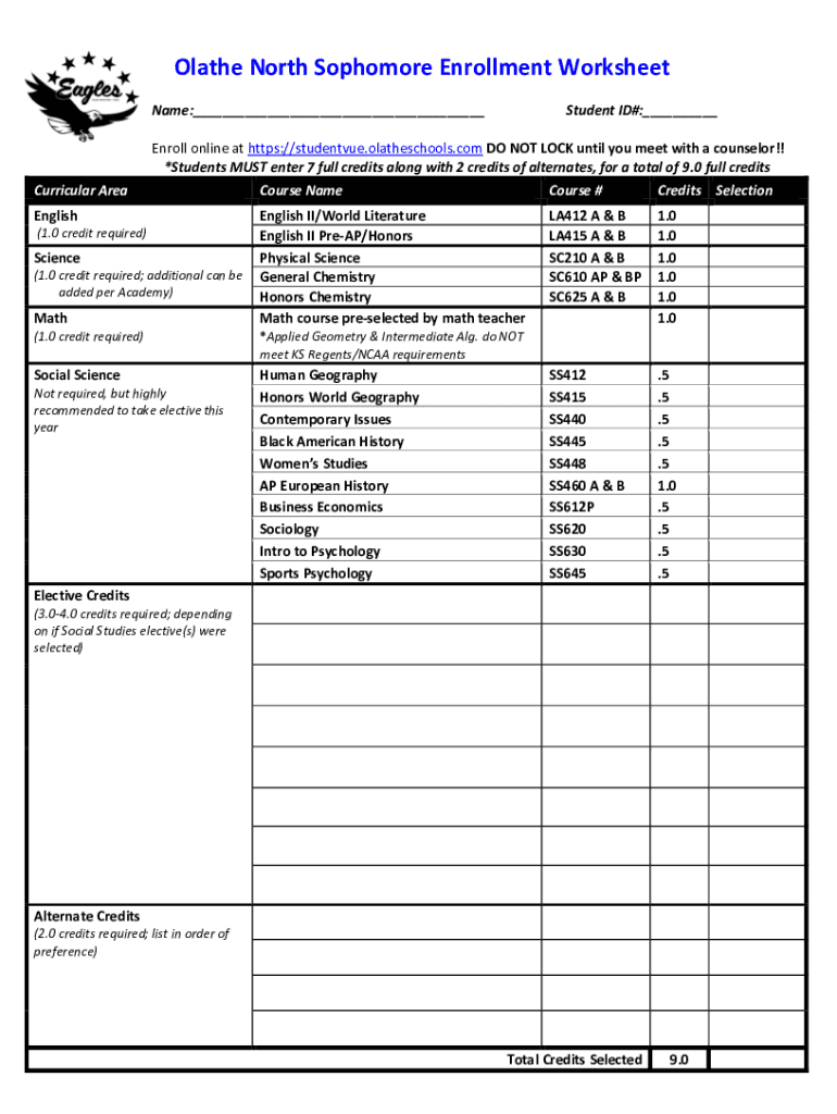 Fillable Online Olathe North Sophomore Enrollment Worksheet Fax Email ...