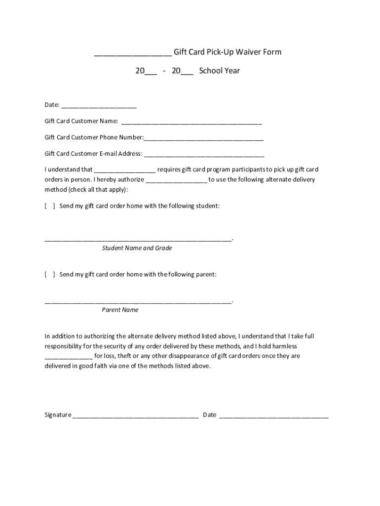 Fillable Online Gift Card Pick-Up Waiver Form 20 Fax Email Print ...