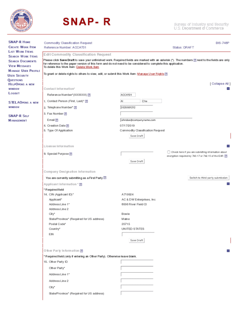 Fillable Online Form BIS 748 P Commodity Classifications Without ...