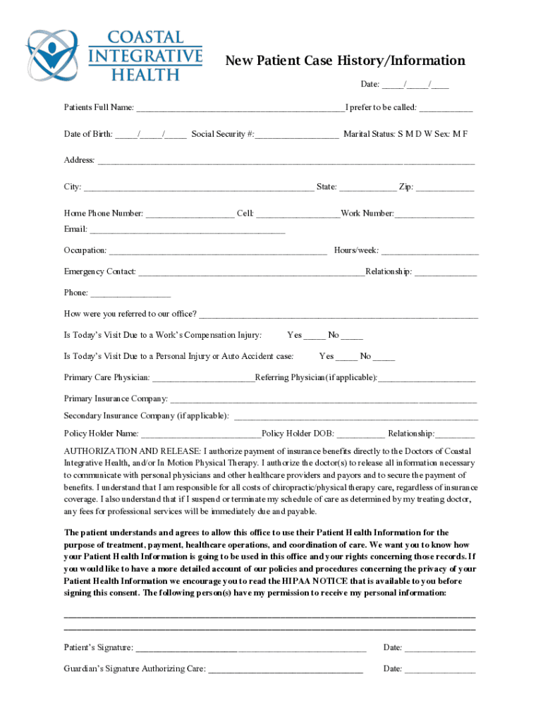 Fillable Online New Patient Case History/Information Fax Email Print ...