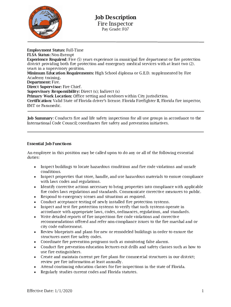 Fillable Online JOB DESCRIPTION Title: FIRE INSPECTOR I Department ...