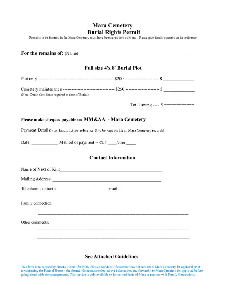 Fillable Online Mara Cemetery Burial Rights Permit Fax Email Print ...