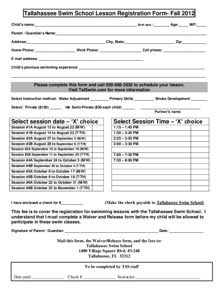 Fillable Online Tallahassee Swim School Lesson Registration Form Fax Email Print - pdfFiller