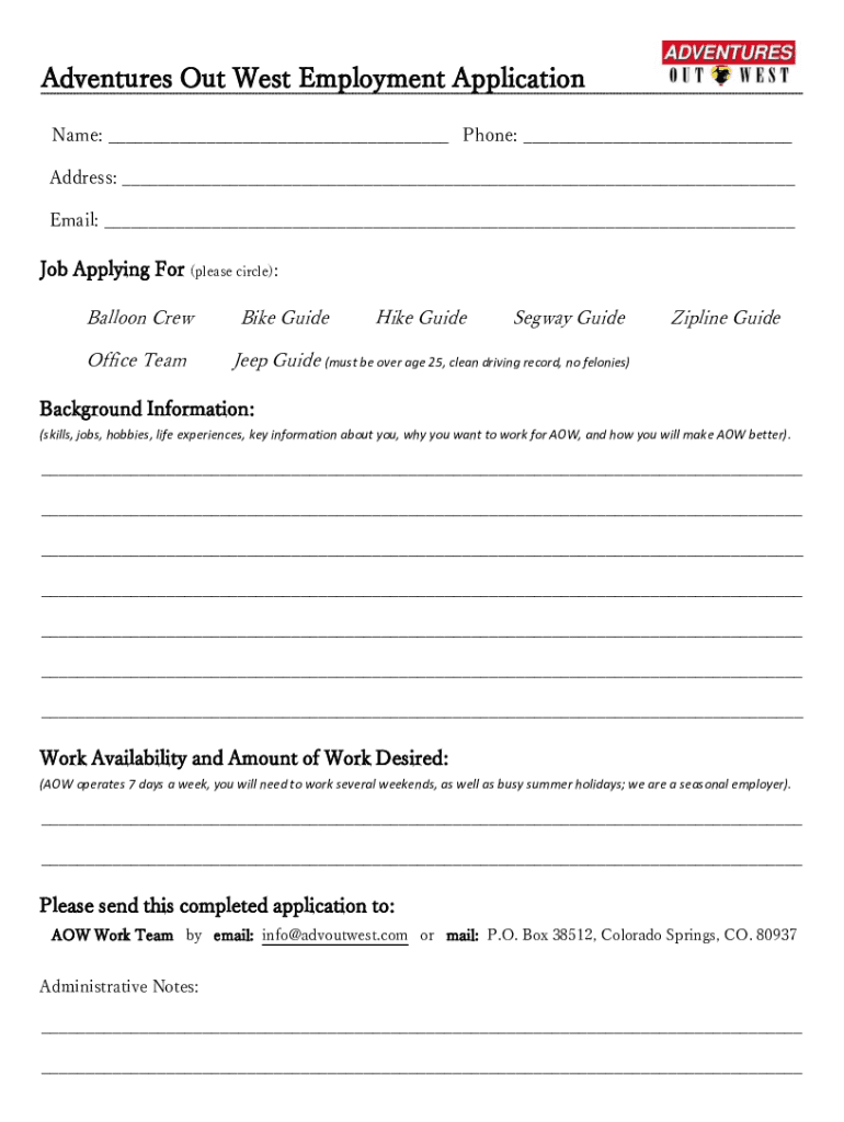 Fillable Online Adventures Out West Employment Application Fax Email ...