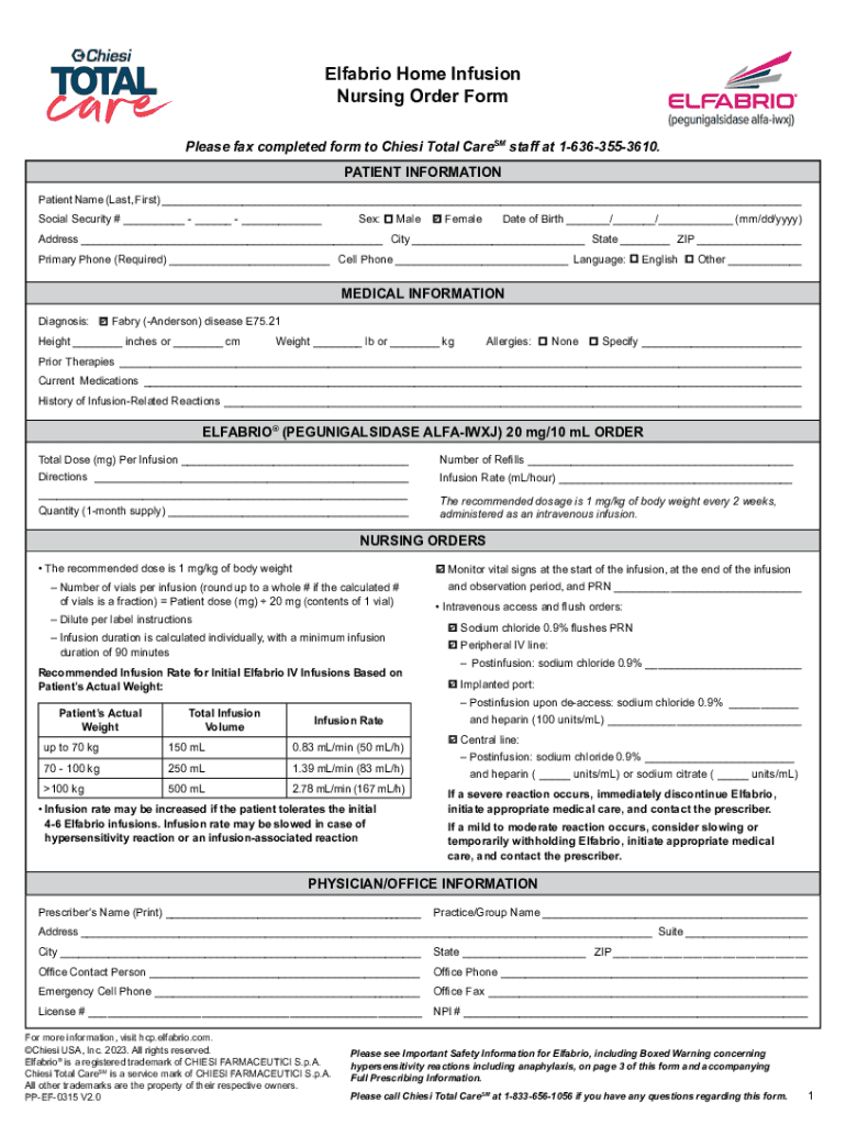 Fillable Online Elfabrio Home Infusion Nursing Order Form Fax Email ...