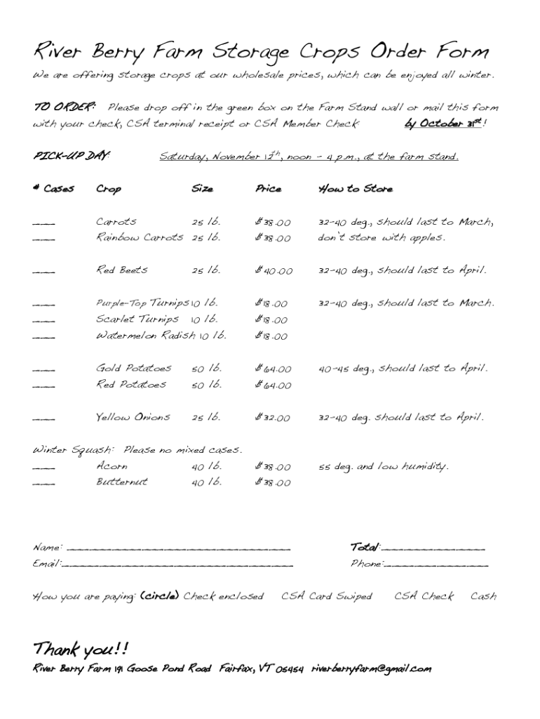 Fillable Online River Berry Farm Storage Crops Order Form Fax Email ...
