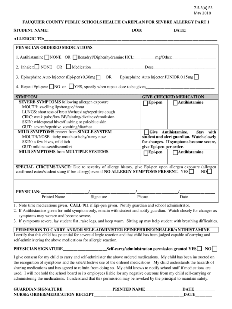 Fillable Online FCPS Health Care Plan for Severe Allergy Part 1 and ...