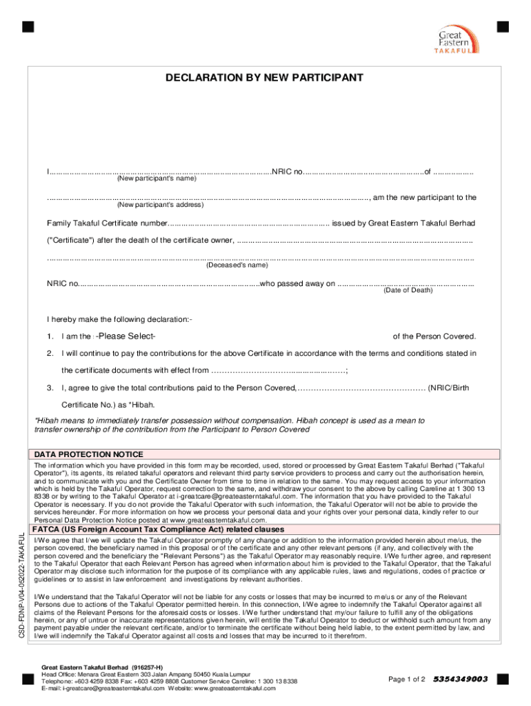 Fillable Online Declaration of New Participant FormCustomer ServiceGreat Eastern Takaful ...