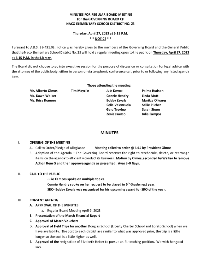 Fillable Online 03, notice was hereby given to the members of the Governing Board and the ...