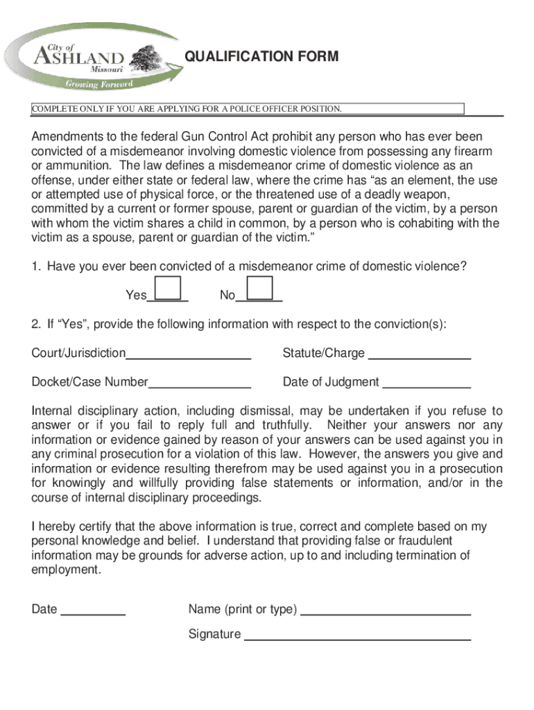 Fillable Online CIty of Ashland Police Department Employment ...