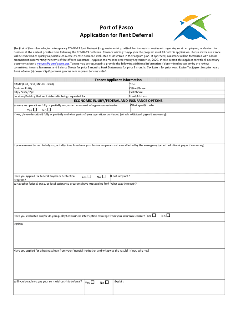 Fillable Online Port of Pasco Application for Rent Deferral Fax Email Print - pdfFiller