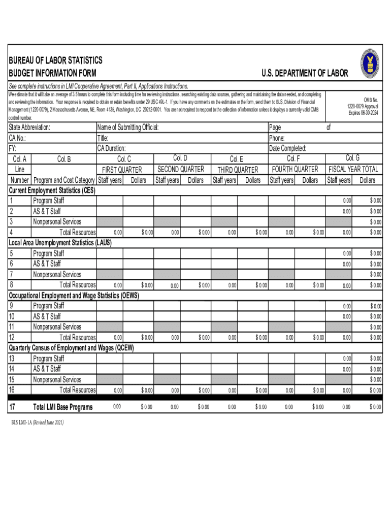 Fillable Online Form BLS LMI 1A BLS LMI 1A Budget Information Form Fax ...
