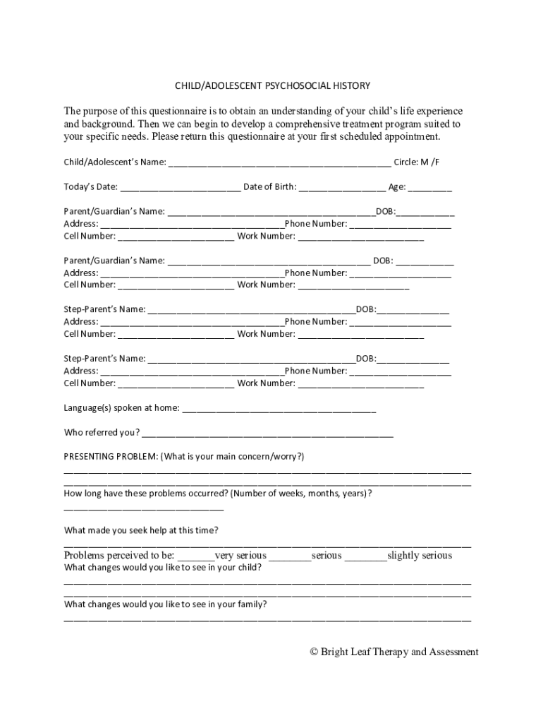 Child/adolescent Psychosocial History Questionnaire - Fill Online ...