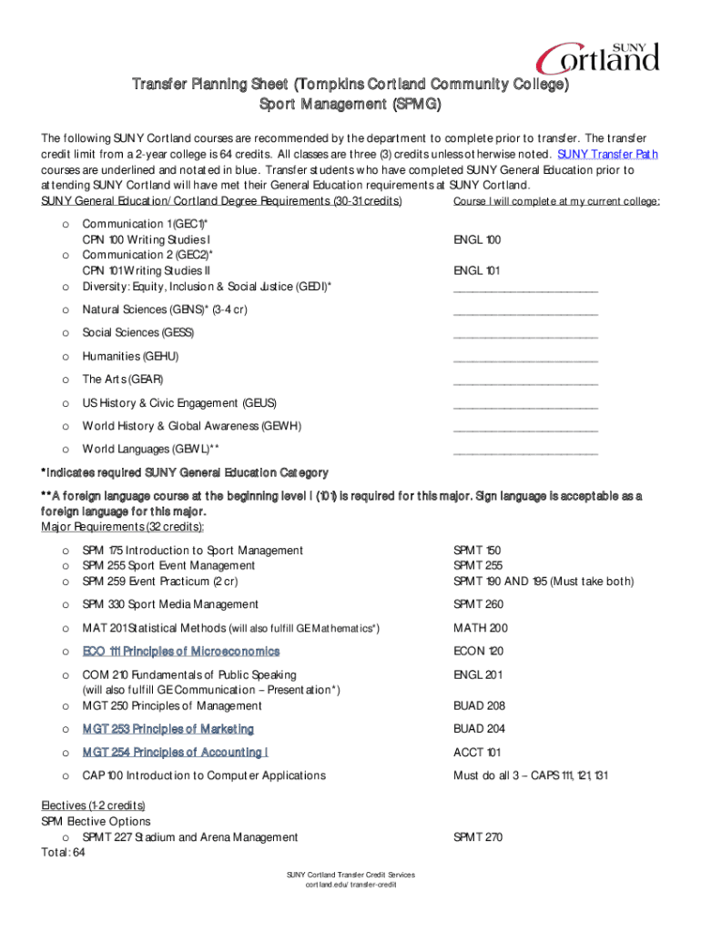 Fillable Online www2 cortland Transfer Planning Sheet (SUNY Broome ...