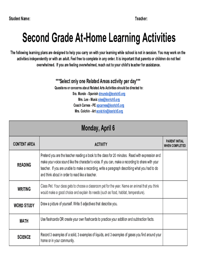Fillable Online Second Grade At-Home Learning Activities Fax Email ...