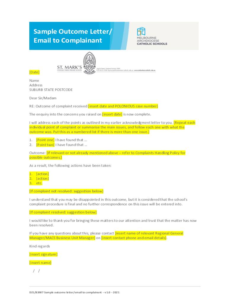 Fillable Online Sample Outcome Letter/ Email to Complainant Fax Email ...