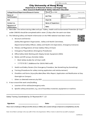 Fillable Online New staff/student Safety induction Checklist Fax Email ...