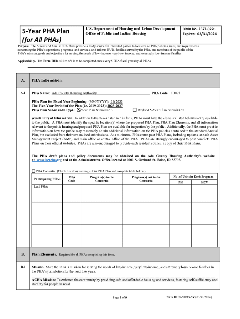 Fillable Online Draft Public Housing Agency (PHA) Five Year Plan ...