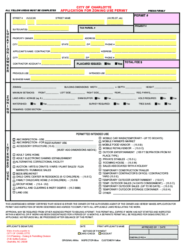 Fillable Online city of charlotte application for zoning use permit Fax Email Print - pdfFiller
