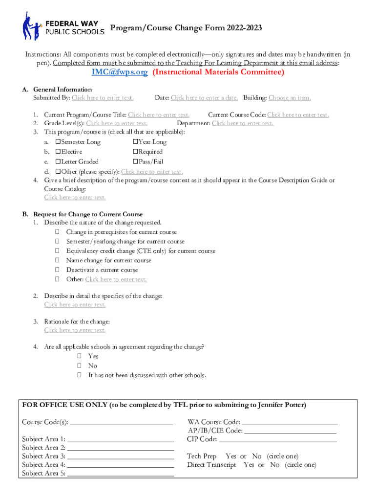 Fillable Online Program/Course Change Form 2022-2023 Fax Email Print ...