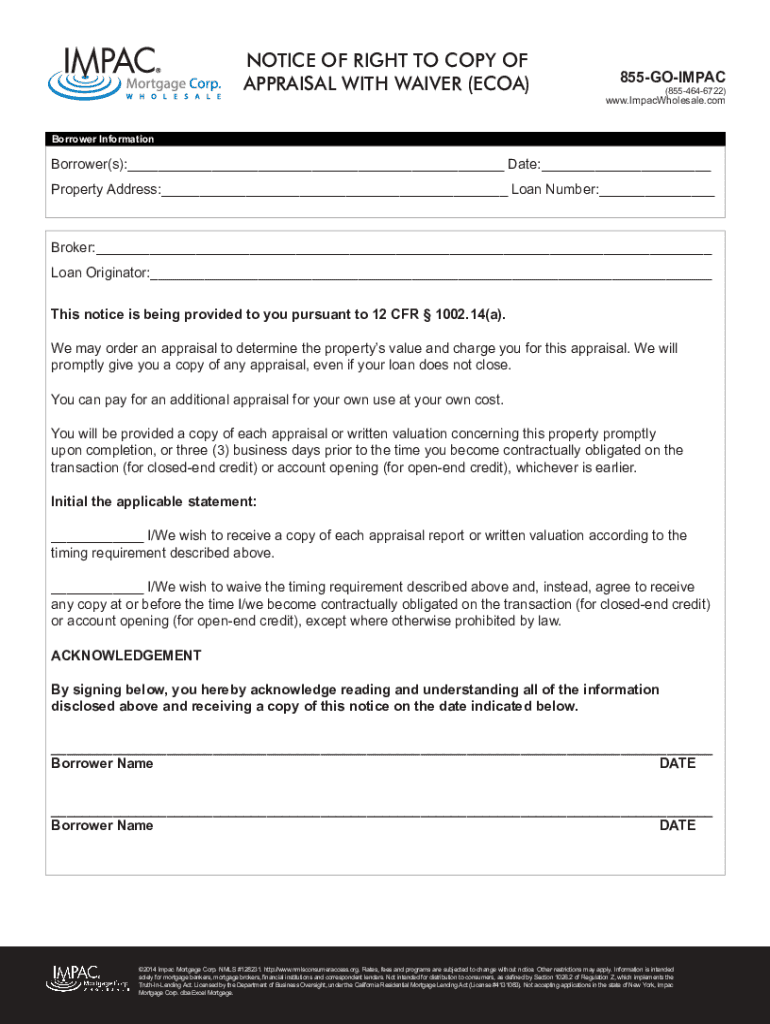 Fillable Online Fillable Online APPRAISAL WITH WAIVER (ECOA) Fax ...