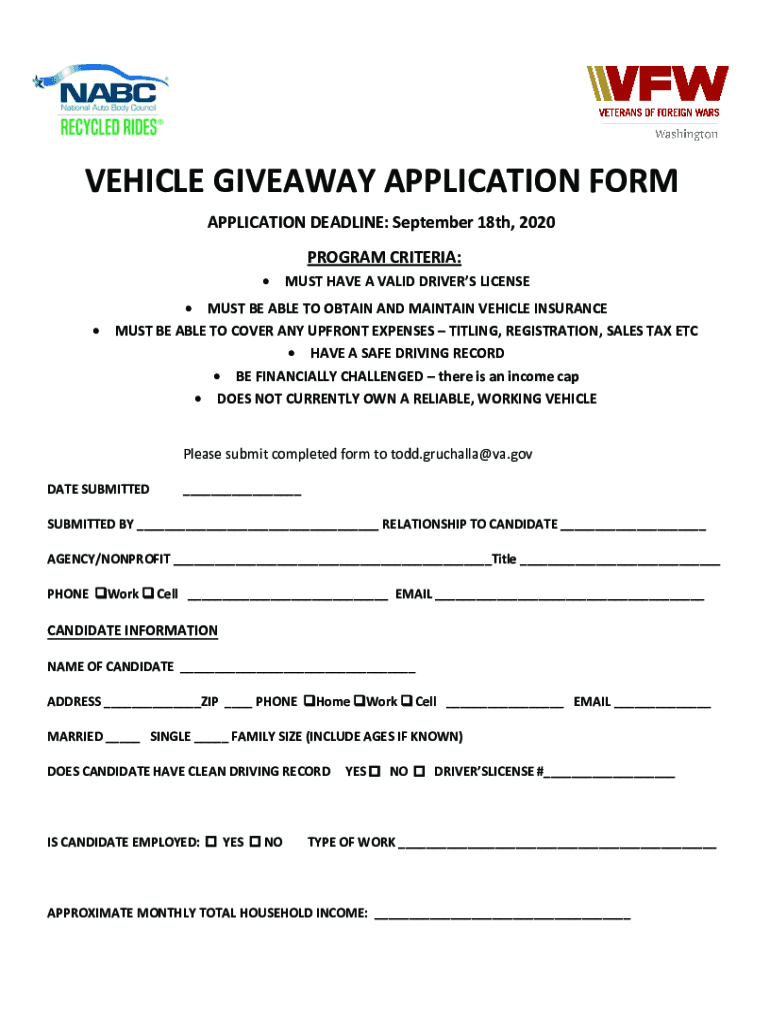 Fillable Online VEHICLE GIVEAWAY APPLICATION FORM Fax Email Print ...