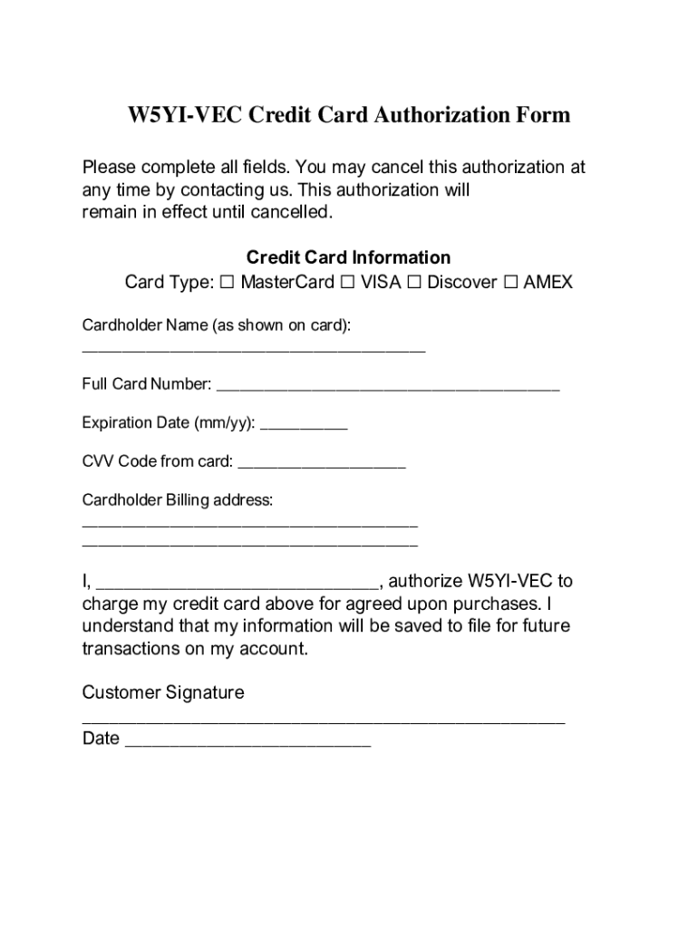 Fillable Online W5YI-VEC Credit Card Authorization Form Fax Email Print ...
