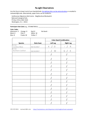 Fillable Online nationalzoo si Re-sighting Color-banded Birds Form Fax ...