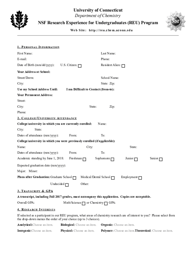 Fillable Online reu chem uconn UConn Chem REU - Application Fax Email ...