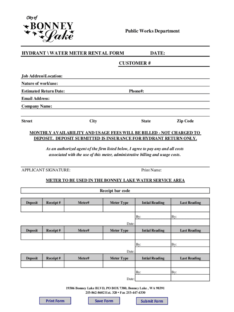 Fillable Online Hydrant Water Meter Rental Form. Hydrant Water Meter ...