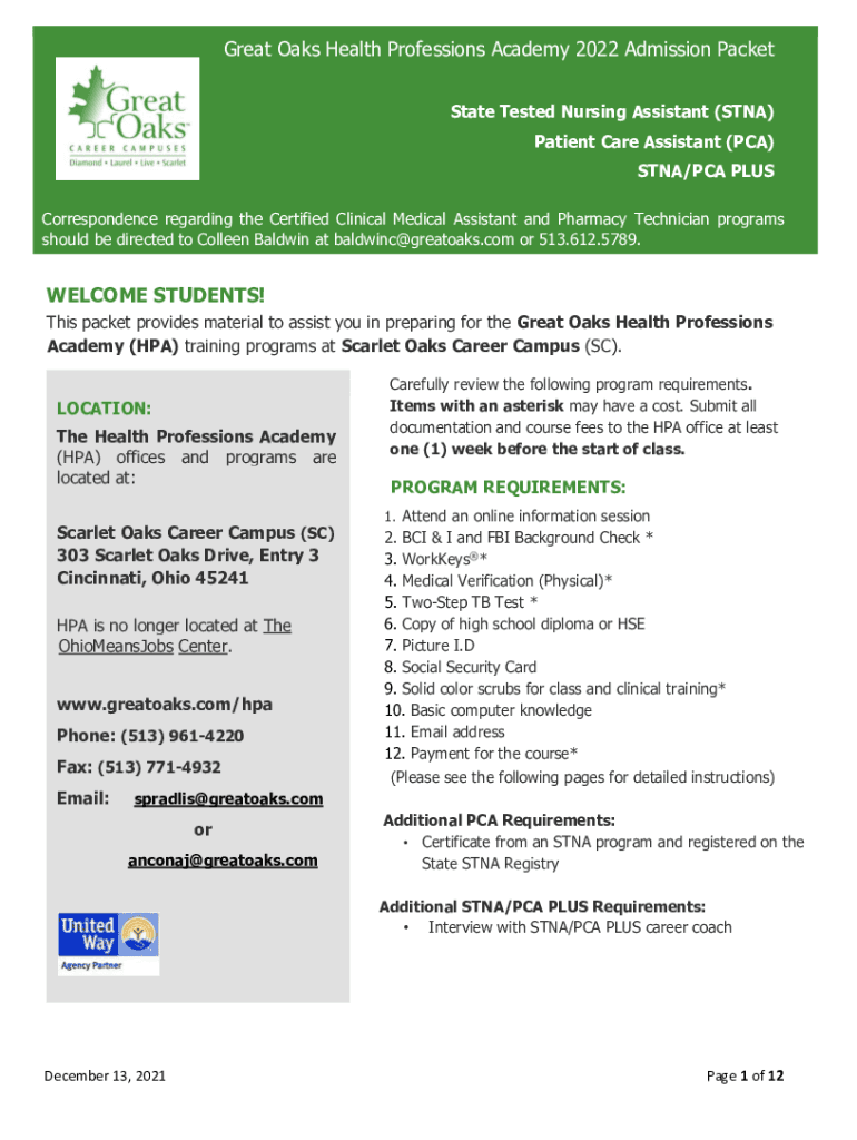 Fillable Online Great Oaks Health Professions Academy 2022 Admission ... Fax Email Print - pdfFiller
