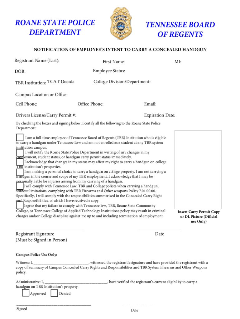 Fillable Online ROANE STATE POLICE DEPARTMENT TENNESSEE ... Fax Email ...